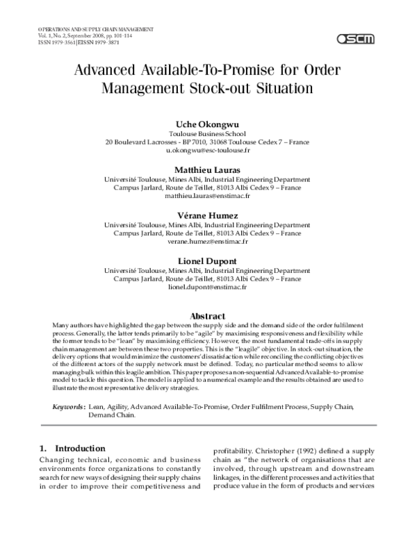 (PDF) Advanced Available-To-Promise for Order Management in Stock-out ...