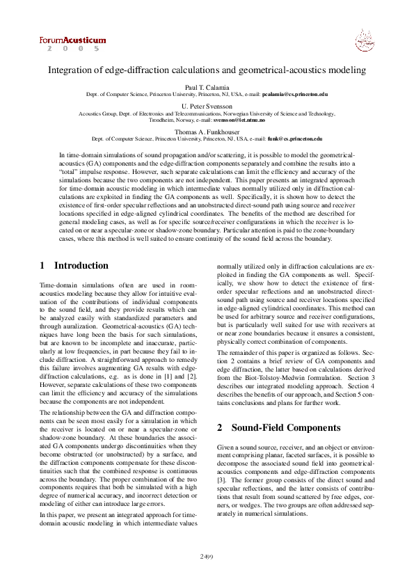 (PDF) Integration of edge-diffraction calculations and geometrical-acoustics modeling