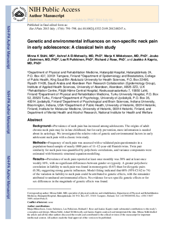 (PDF) Genetic and environmental influences on non-specific neck pain in ...