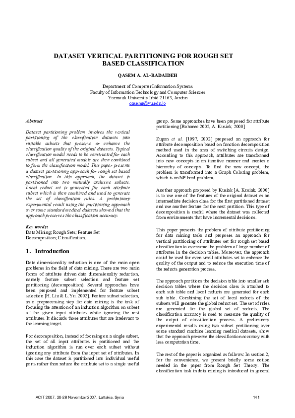 (PDF) Dataset Vertical Partitioning for Rough Set Based Classification
