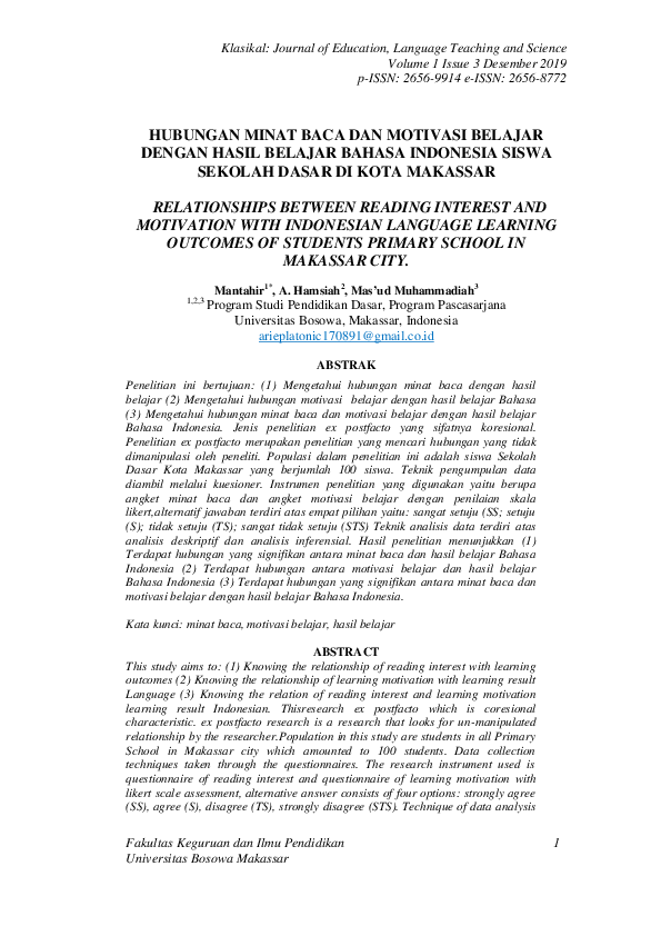 (PDF) HUBUNGAN MINAT BACA DAN MOTIVASI BELAJAR DENGAN HASIL BAHASA INDONESIA SISWA SEKOLAH DASAR ...