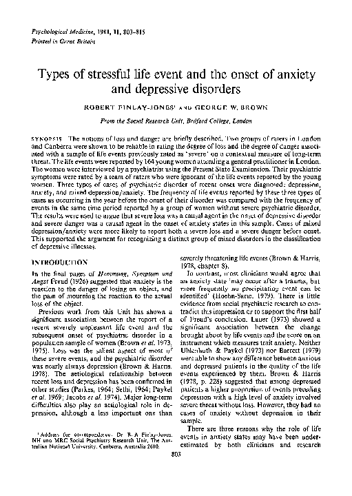 (PDF) Types of stressful life event and the onset of anxiety and ...