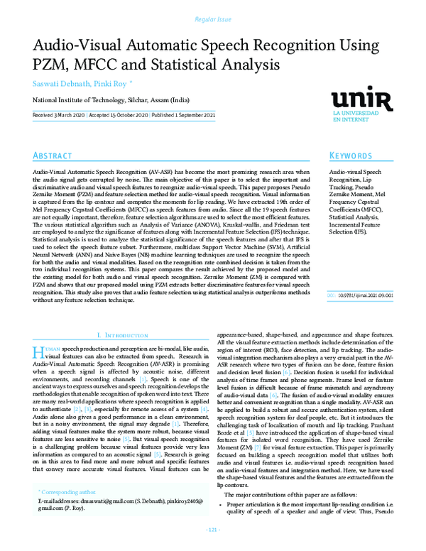 (PDF) Audio-Visual Automatic Speech Recognition Using PZM, MFCC and Statistical Analysis