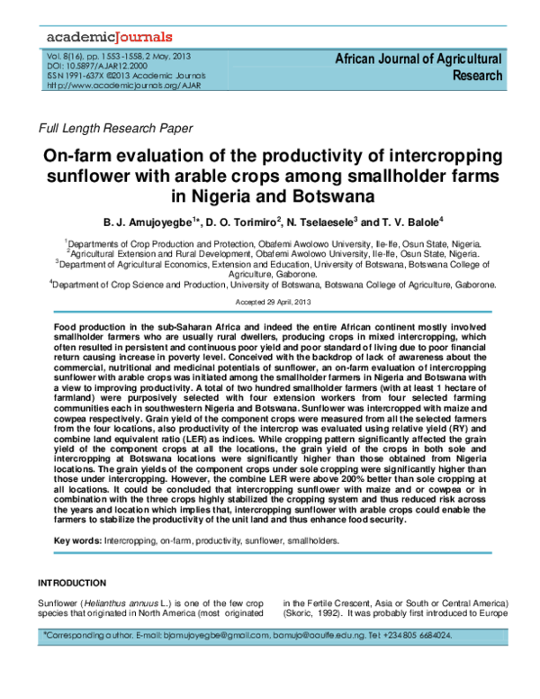 (PDF) On-farm evaluation of the productivity of intercropping sunflower ...