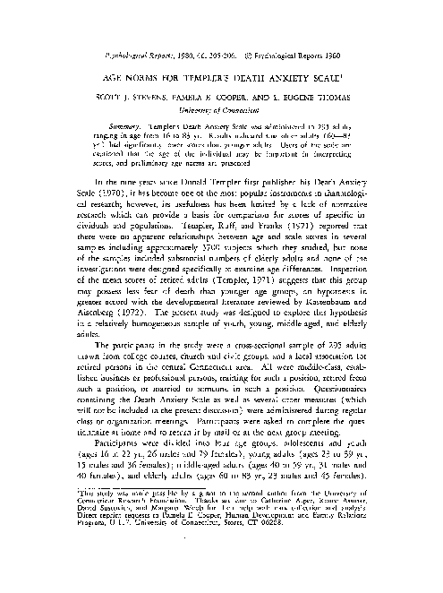 (PDF) Age Norms for Templer's Death Anxiety Scale