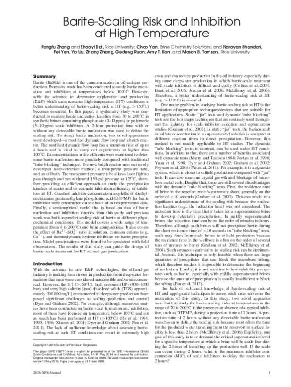 (PDF) Barite-Scaling Risk and Inhibition at High Temperature