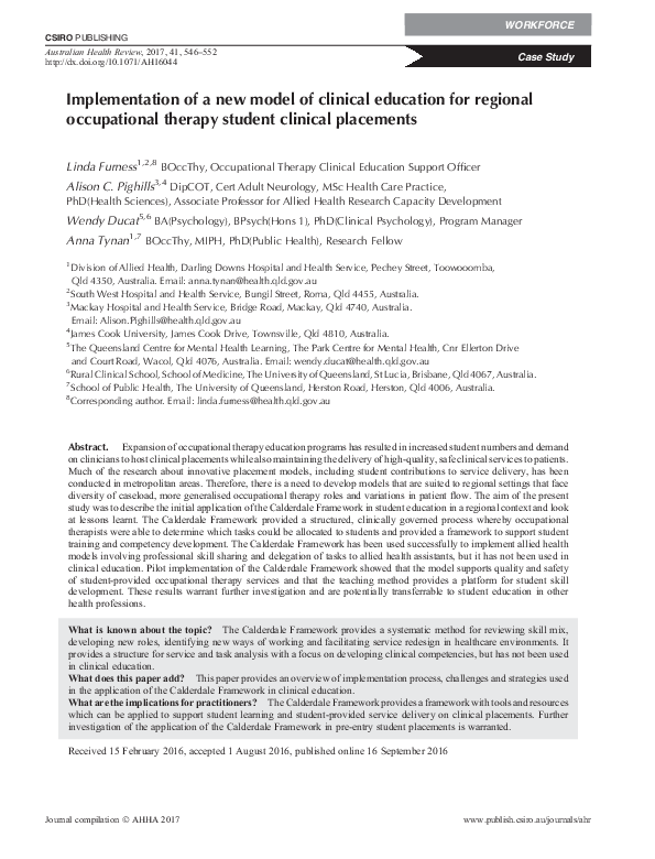 (PDF) Implementation of a new model of clinical education for regional occupational therapy ...