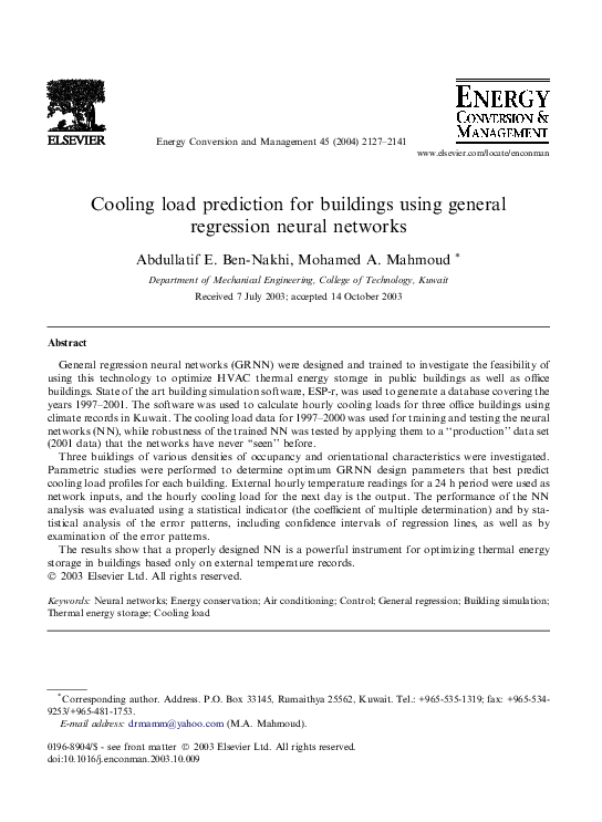 (PDF) Cooling load prediction for buildings using general regression neural networks