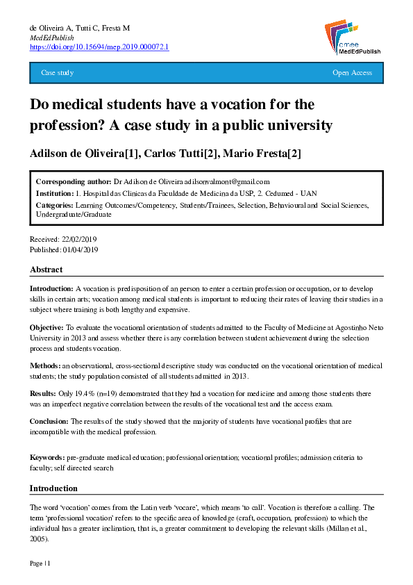 (PDF) Do medical students have a vocation for the profession? A case ...