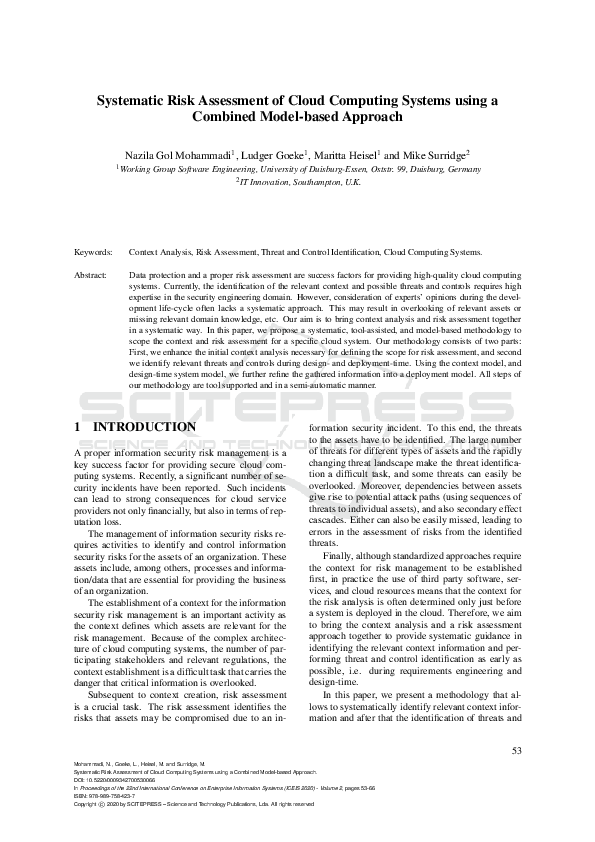 (PDF) Systematic Risk Assessment of Cloud Computing Systems using a Combined Model-based Approach