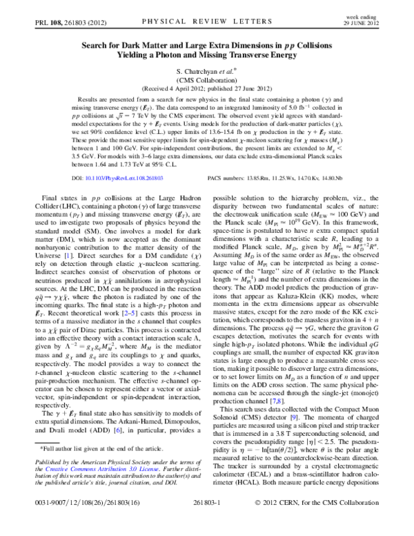 (PDF) Search for Dark Matter and Large Extra Dimensions in pp Collisions Yielding a Photon and ...