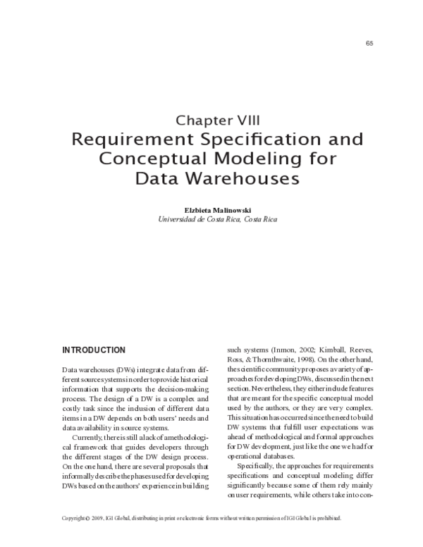 (PDF) Requirement Specification and Conceptual Modeling for Data Warehouses