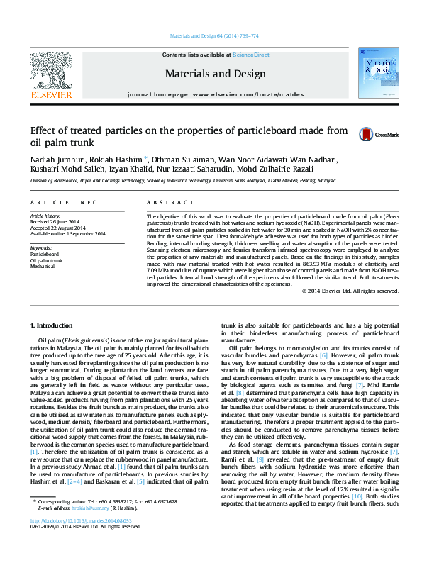 (PDF) Effect of treated particles on the properties of particleboard ...
