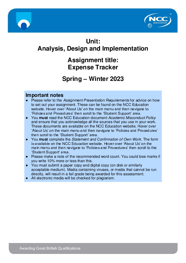 (PDF) Unit: Analysis, Design and Implementation Assignment title: Expense Tracker Spring -Winter ...