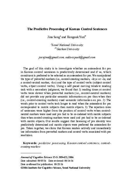 (PDF) The Predictive Processing of Korean Control Sentences | Hongoak ...