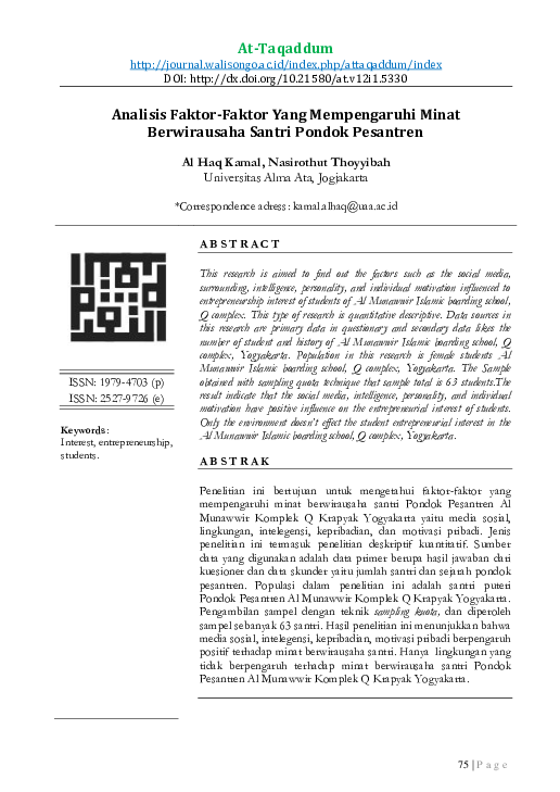 (PDF) Analisis Faktor-Faktor Yang Mempengaruhi Minat Berwirausaha Santri Pondok Pesantren