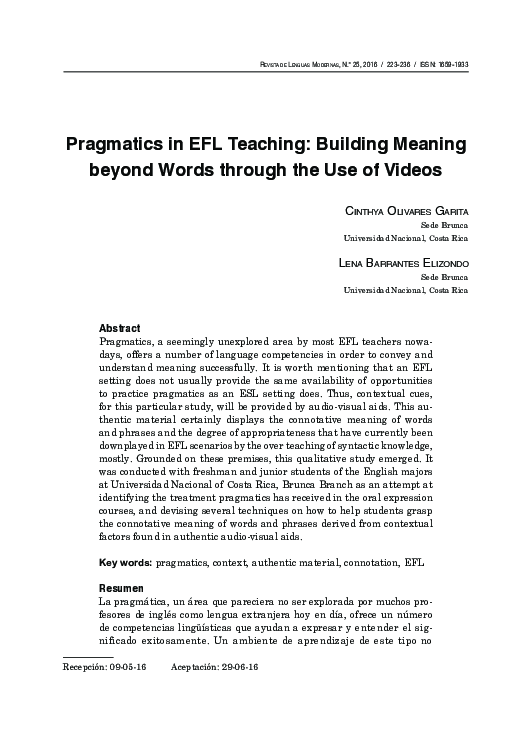 (PDF) Pragmatics in EFL Teaching: Building Meaning beyond Words through the Use of Videos