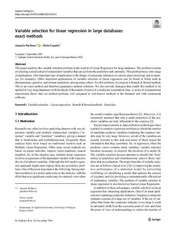(PDF) Variable selection for linear regression in large databases: exact methods