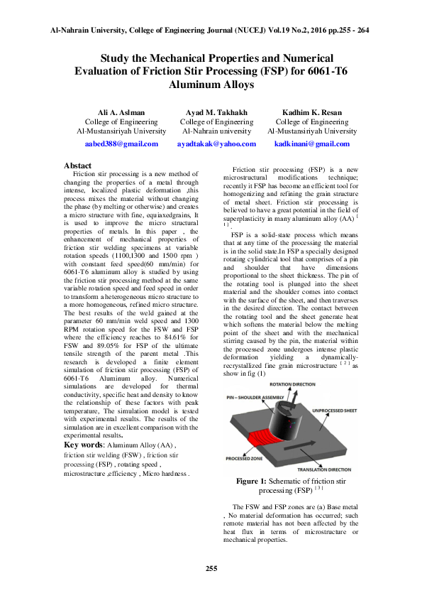 (PDF) Study the Mechanical Properties and Numerical Evaluation of Friction Stir Processing (FSP ...