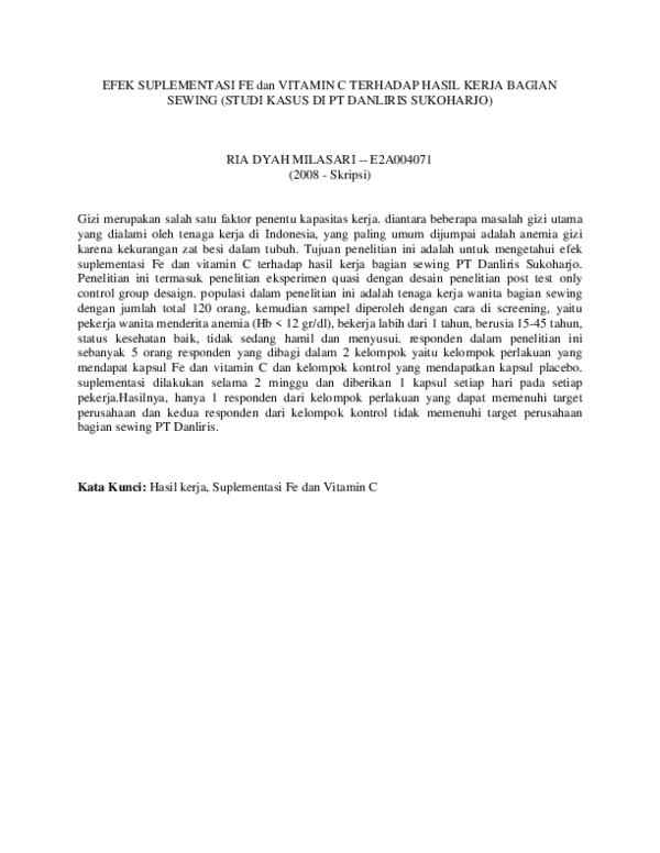 (PDF) EFEK SUPLEMENTASI FE dan VITAMIN C TERHADAP HASIL KERJA BAGIAN SEWING (STUDI KASUS DI PT ...