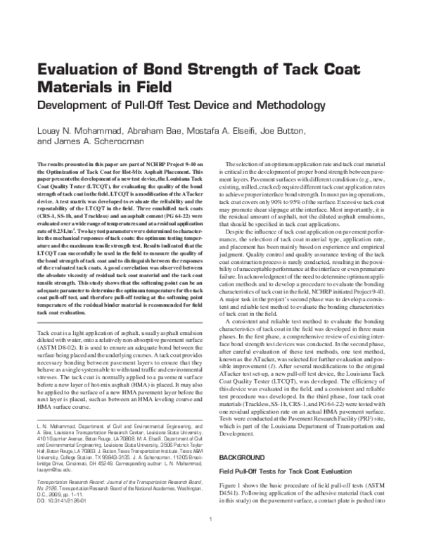 (PDF) Evaluation of Bond Strength of Tack Coat Materials in Field