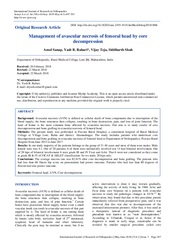 (PDF) Management of avascular necrosis of femoral head by core ...