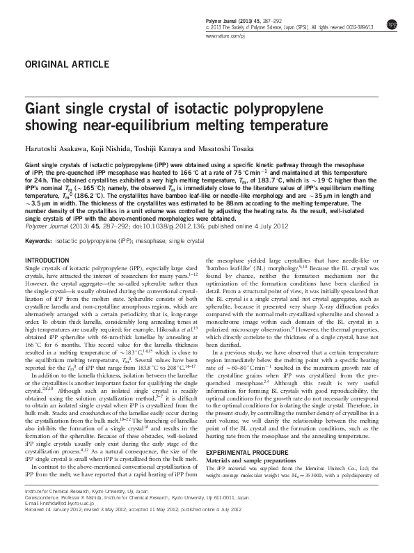 (PDF) Giant single crystal of isotactic polypropylene showing near ...