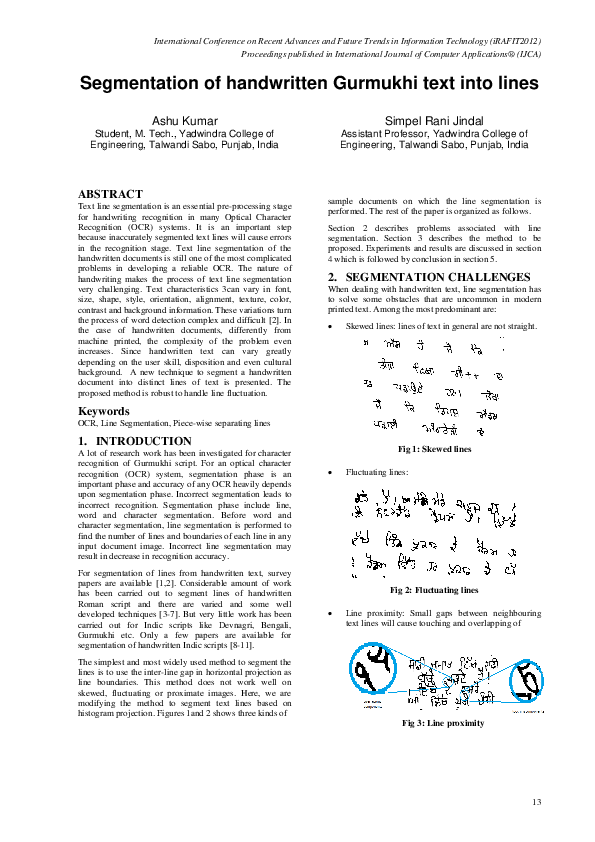 (PDF) Segmentation of Handwritten Gurmukhi Text into Lines | Ashu Kumar - Academia.edu