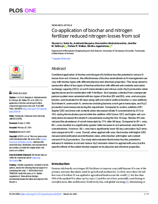 (PDF) Co-application of biochar and nitrogen fertilizer reduced nitrogen losses from soil