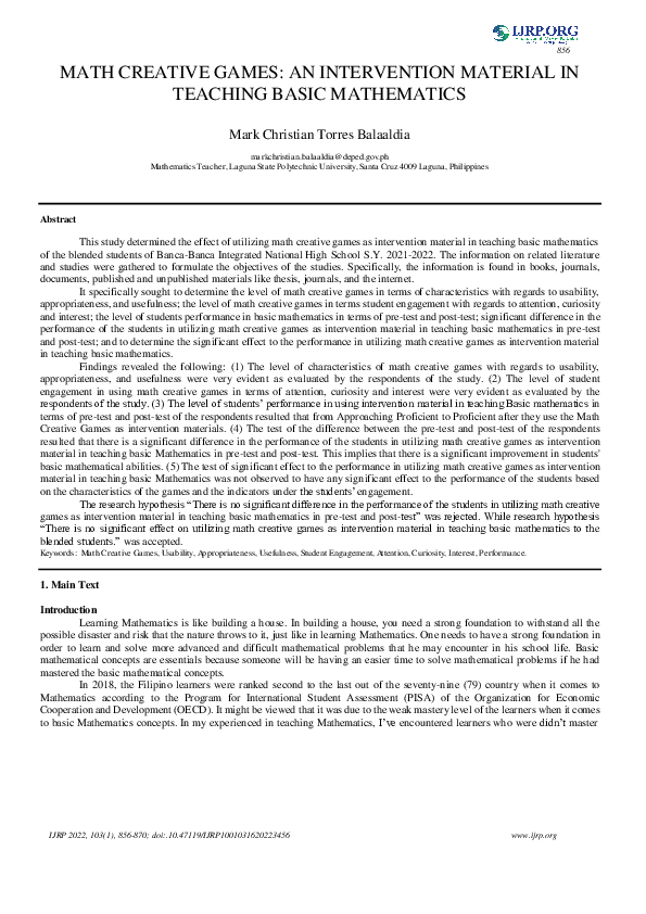 (PDF) Math Creative Games: An Intervention Material in Teaching Basic ...