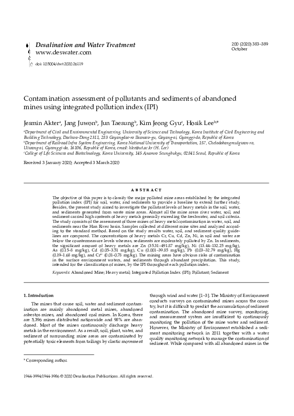 (PDF) Contamination assessment of pollutants and sediments of abandoned ...