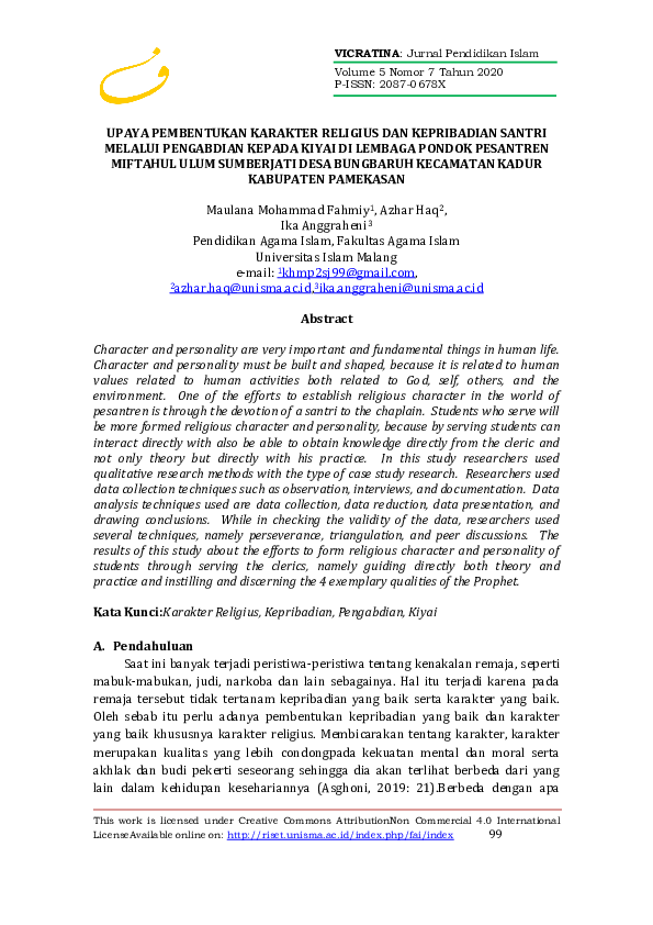 (PDF) Upaya Pembentukan Karakter Religius Dan Kepribadian Santri Melalui Pengabdian Kepada Kiyai ...