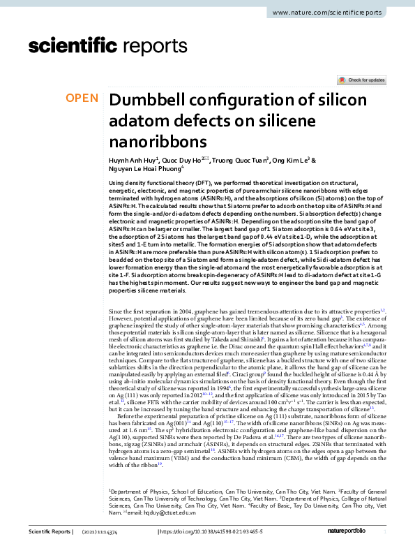 (PDF) Dumbbell configuration of silicon adatom defects on silicene ...