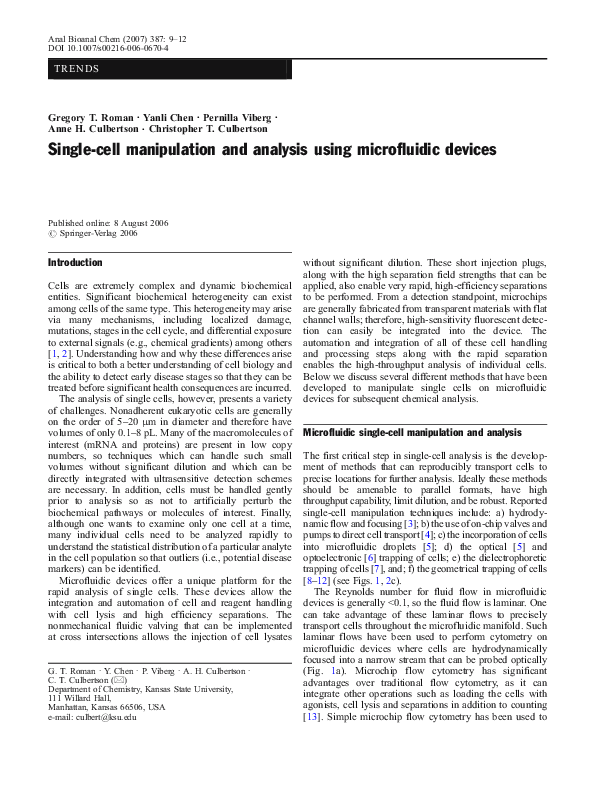 Pdf Single Cell Manipulation And Analysis Using Microfluidic Devices