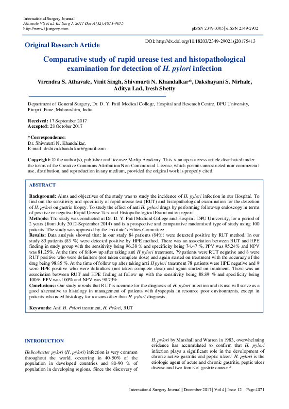 (PDF) Comparative study of rapid urease test and histopathological ...