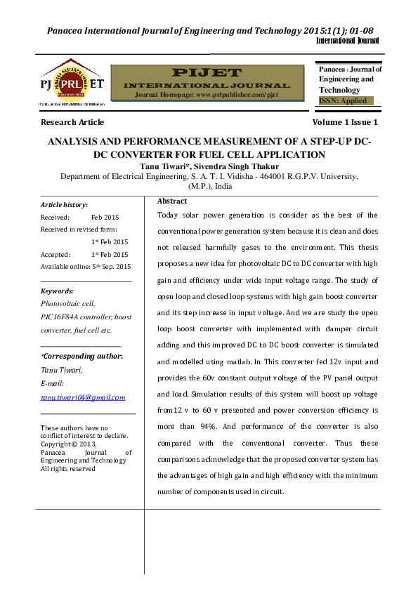 (PDF) Analysis and Performance Measurement of a Step-Up DC-DC Converter for Fuel Cell Application