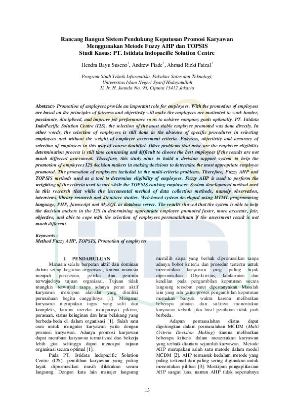 (PDF) Rancang Bangun Sistem Pendukung Keputusan Promosi Karyawan Menggunakan Metode Fuzzy AHP ...