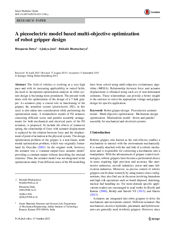 Pdf A Piezoelectric Model Based Multi Objective Optimization Of Robot
