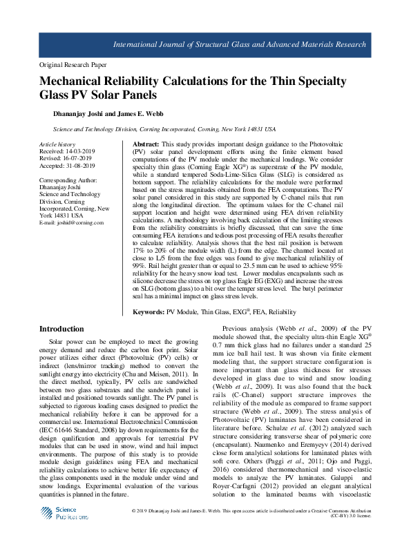 (PDF) Mechanical Reliability Calculations for the Thin Specialty Glass PV Solar Panels