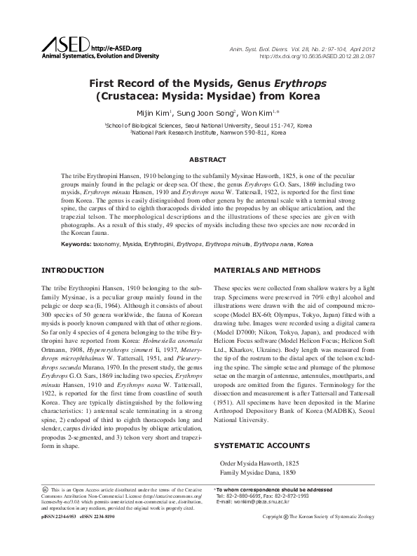 (PDF) First Record of the Mysids, Genus Erythrops (Crustacea: Mysida ...