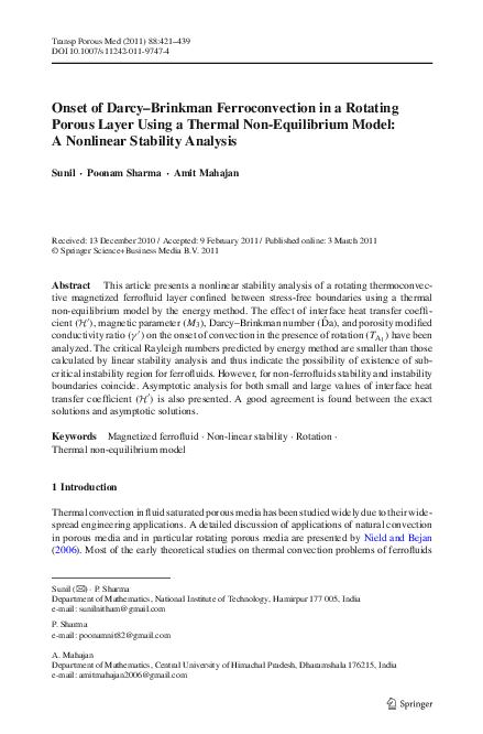 (PDF) Onset of Darcy–Brinkman Ferroconvection in a Rotating Porous Layer Using a Thermal Non ...