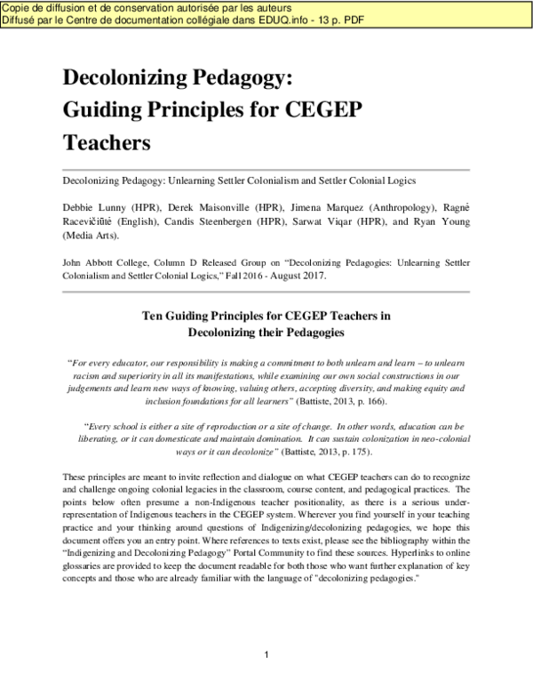 (PDF) Ten Guiding Principles for CEGEP Teachers in Decolonizing their Pedagogies | Jimena ...