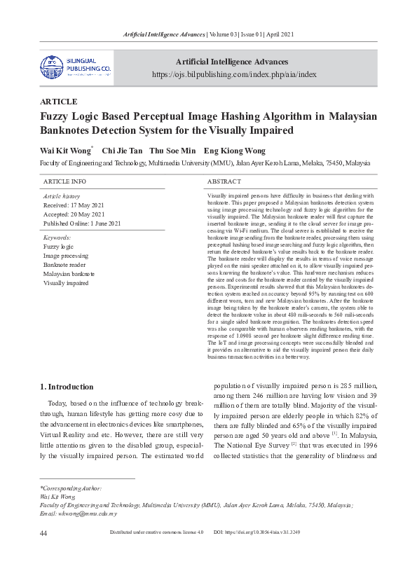 Pdf Fuzzy Logic Based Perceptual Image Hashing Algorithm In Malaysian Banknotes Detection 