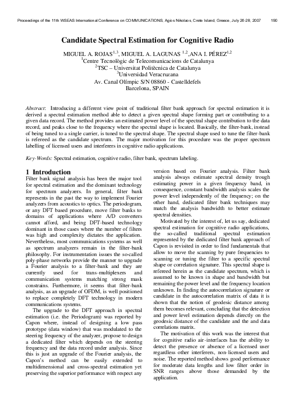 (PDF) Candidate spectral estimation for cognitive radio