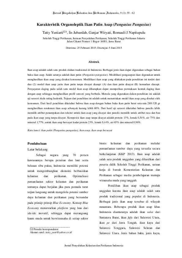 (PDF) Karakteristik Organoleptik Ikan Patin Asap (Pangasius Pangasius)