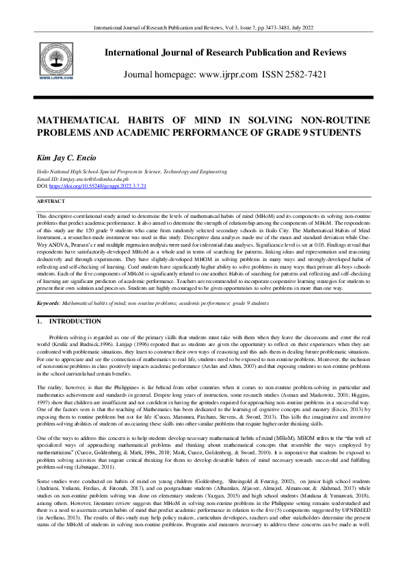 (PDF) Mathematical Habits of Mind in Solving Non-Routine Problems and ...