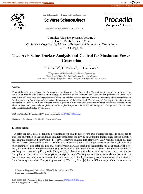 (PDF) Two-Axis Solar Tracker Analysis and Control for Maximum Power Generation