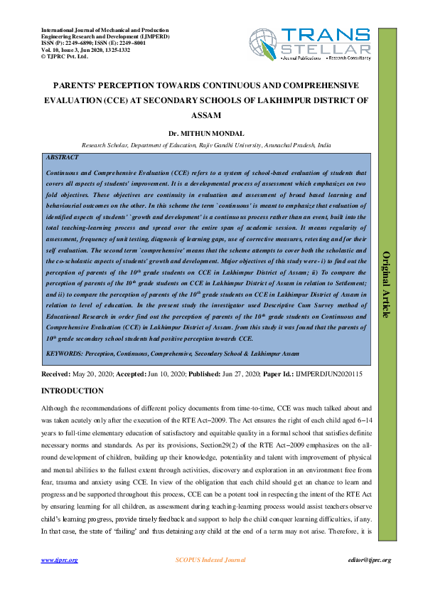 (PDF) Teachers’ Perception towards Continuous and Comprehensive Evaluation (CCE) at Secondary ...