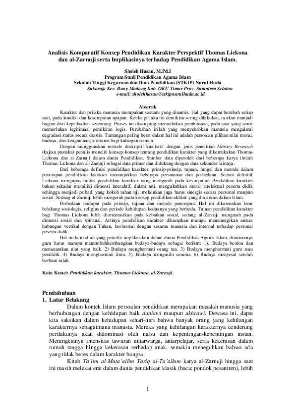 (PDF) Analisis Komparatif Konsep Pendidikan Karakter Perspektif Thomas Lickona dan al-Zarnuji ...