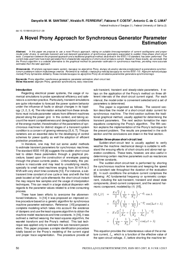 (PDF) A Novel Prony Approach for Synchronous Generator Parameter Estimation (PDF) A Novel Prony Approach for Synchronous Generator Parameter Estimation